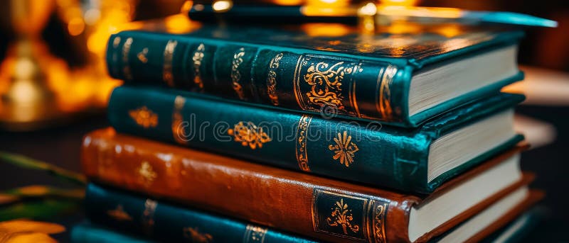A Stack of Antique Books with Ornate, Gold-embossed Detailing Rests on ...