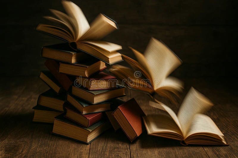 Stack of Antique Books with Pages in Motion on Wooden Surface Stock ...