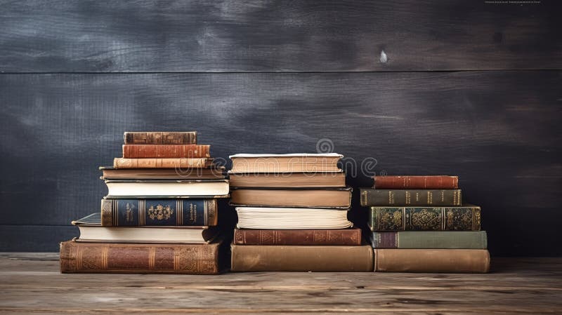 Stack of Antique Books on Rustic Wooden Table Front of Vintage Wal ...