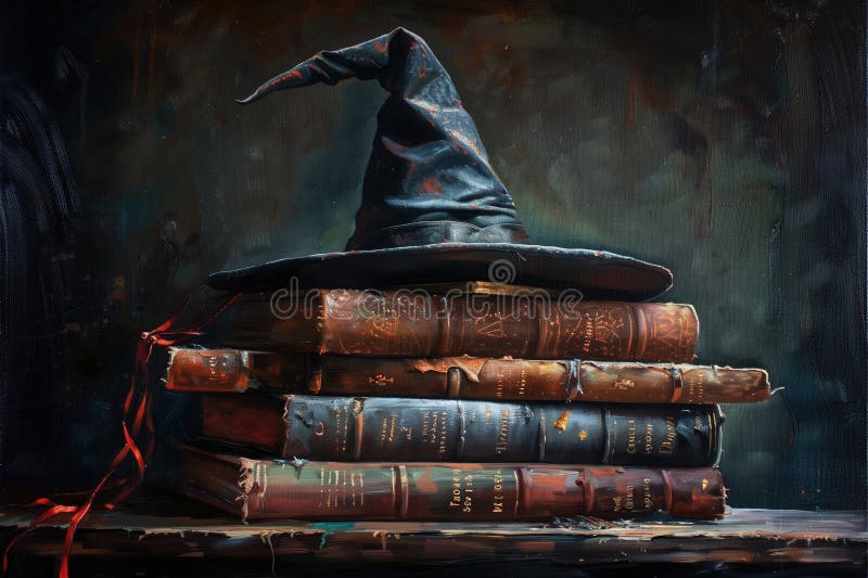 Stack of Antique Books with a Witch& X27;s Hat Sitting on Top on a Dark ...