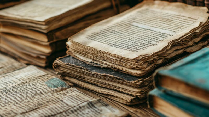 A Stack of Antique Books with Worn Pages and a Blue Spine Stock ...