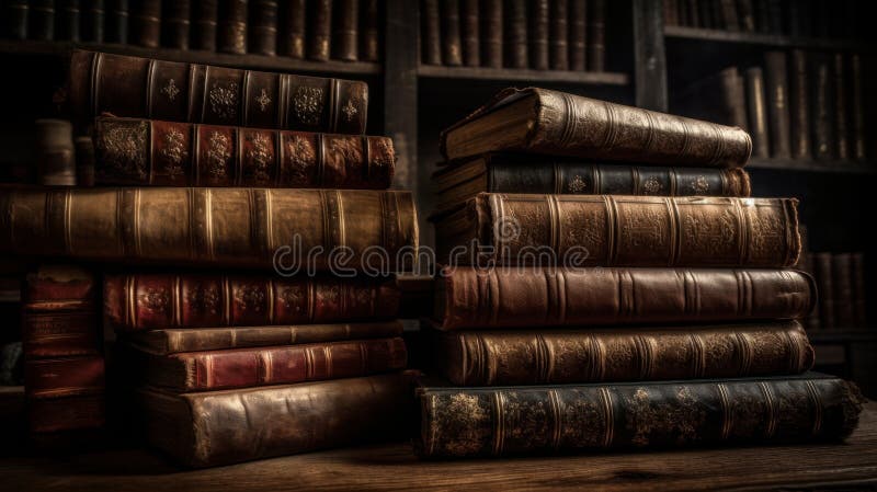 Stack of Antique Leather Books. Generative AI Stock Illustration ...