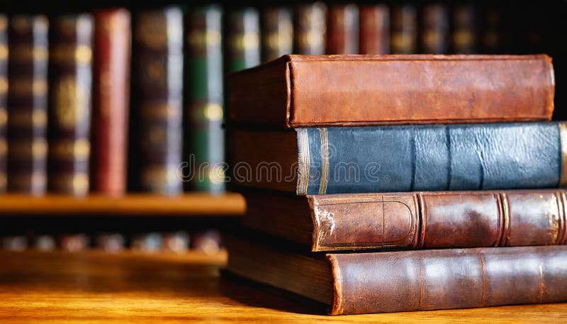 Stack of Antique Leather Books in Library. Literature or Reading ...