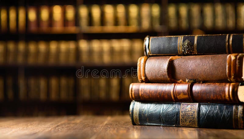 Stack of Antique Leather Books in Library. Literature or Reading ...