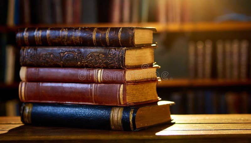 Stack of Antique Leather Books in Library. Literature or Reading ...