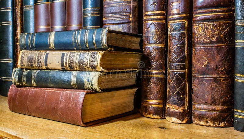 Stack of Antique Leather Books in Library. Literature or Reading ...