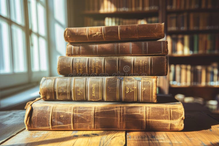 Stack of Antique Leather Books in Library. Pile of Ancient Books Stock ...