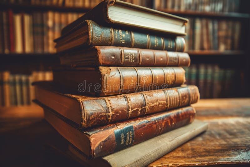 Stack of Antique Leather Books in Library. Pile of Ancient Books Stock ...