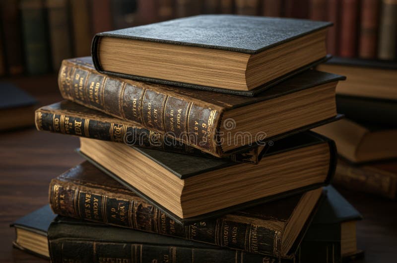 A Stack of Antique Leather-bound Books with Gold Embossing in a Dimly ...