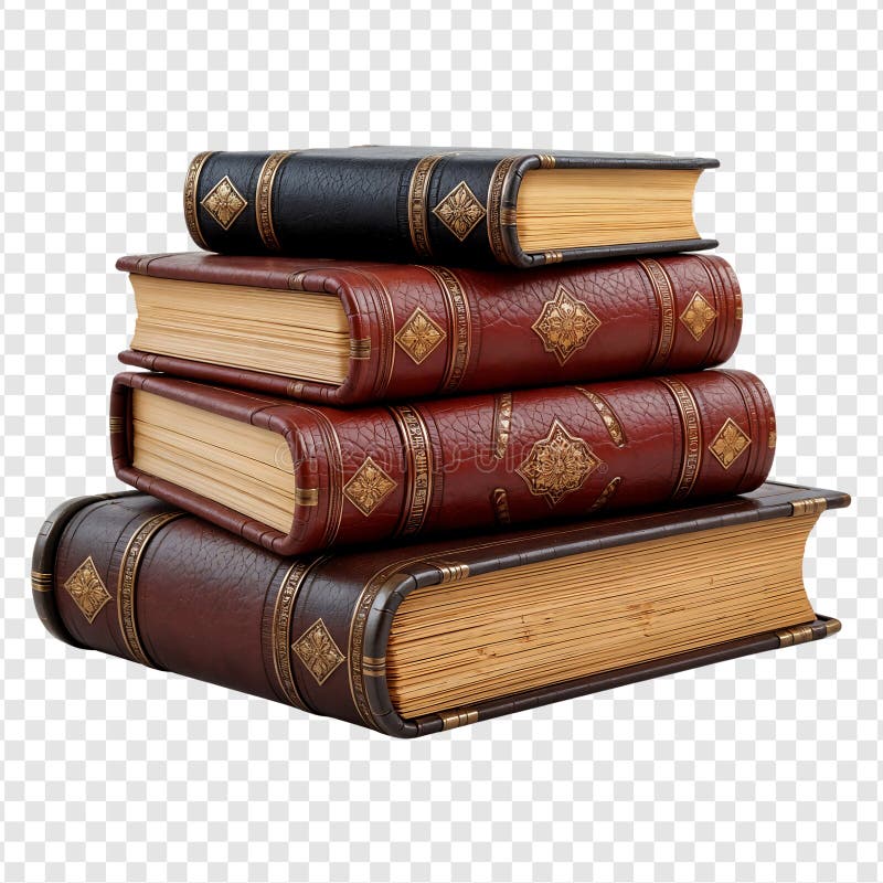 Stack of Antique Leather Bound Books with Gold Embossing on Transparent ...