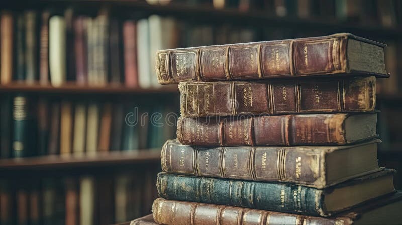 Stack of Antique Leather-Bound Books in a Library Setting Stock ...