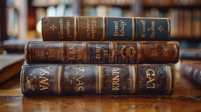 Stack of Antique Leather-Bound Books in Library Setting Stock Photo ...