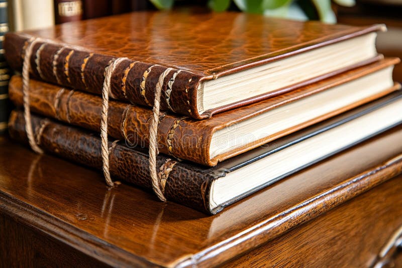Stack of Antique Leather Bound Books Resting on Wooden Table Stock ...