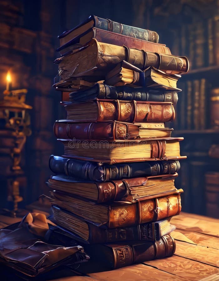 A Stack of Antique Leather-bound Books in a Warm Library Setting Stock ...