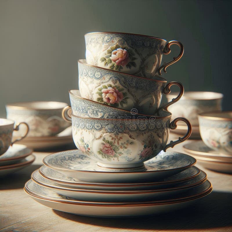 Stack of Antique Porcelain Tea Cups Stock Illustration - Illustration ...
