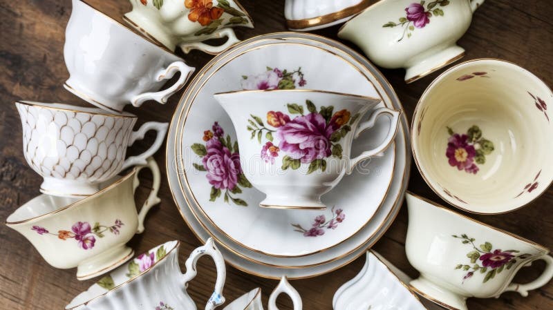 Stack of Antique Porcelain Tea Cups Stock Illustration - Illustration ...