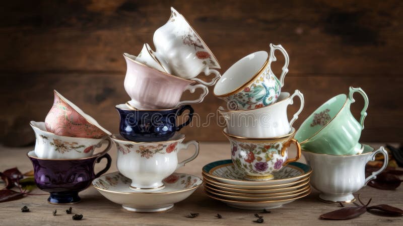 Stack of Antique Porcelain Tea Cups Stock Illustration - Illustration ...