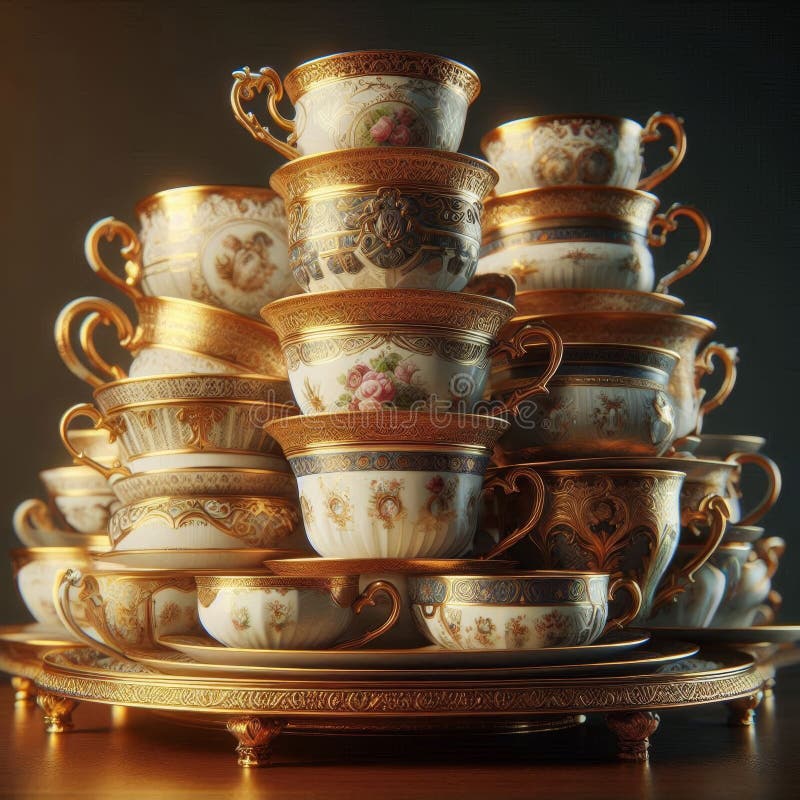 Antique Porcelain Tea Set with Floral Ornament Isolated on Black ...