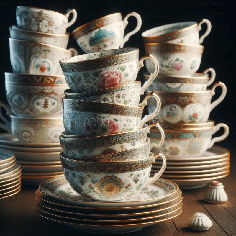 Stack of Antique Porcelain Tea Cups Stock Illustration - Illustration ...