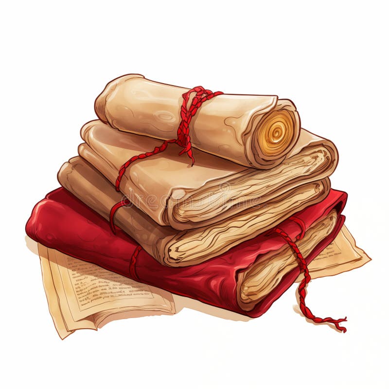 Stack of Antique Scrolls Tied with Red Ribbons and Ancient Texts on ...