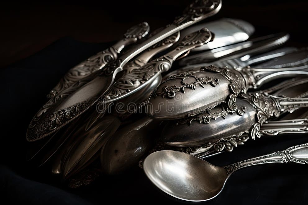 Stack of Antique Silver Spoons, Each with Its Own Unique Pattern Stock ...