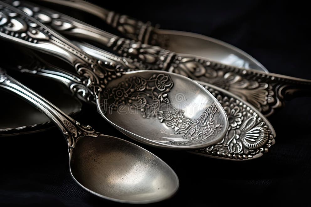 Stack of Antique Silver Spoons, with Textures and Patterns Visible in ...