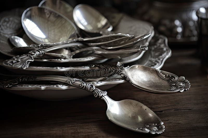 Stack of Antique Silver Spoons on White Plate, Ready for Use Stock ...