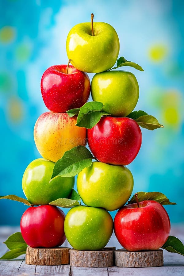 A Stack of Apples Sitting on Top of Each Other on a Wooden Table Stock ...
