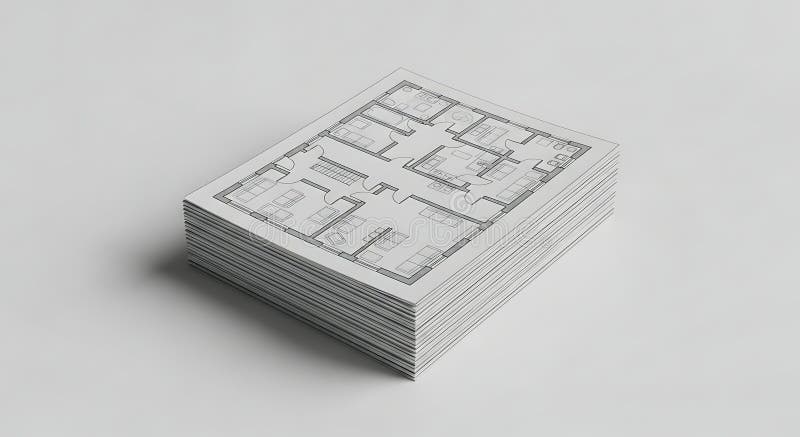 Stack of Architectural Blueprints or Floor Plans on White Background ...
