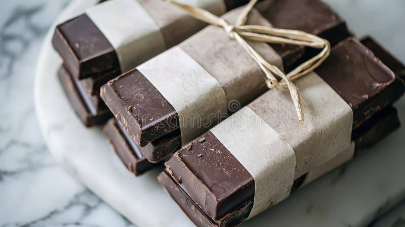 Stack of Artisanal Chocolate Bars Wrapped in Brown Paper on a White ...