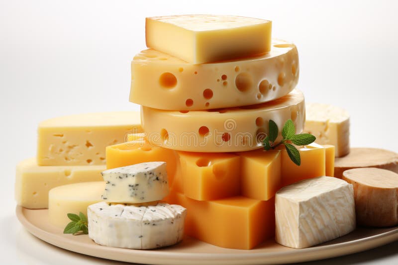 Stack of Assorted Cheese on a Wooden Board on White Background Stock ...