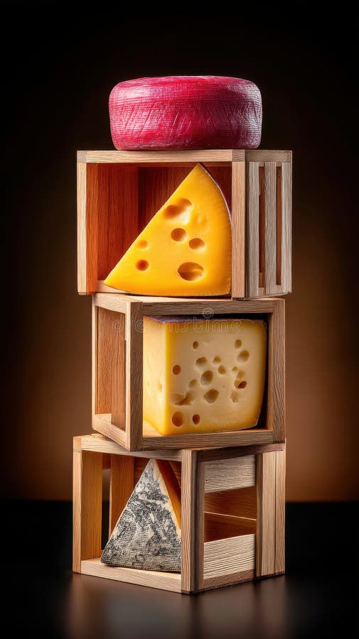 Stack of Assorted Cheese in Wooden Boxes Against Dark Background Stock ...