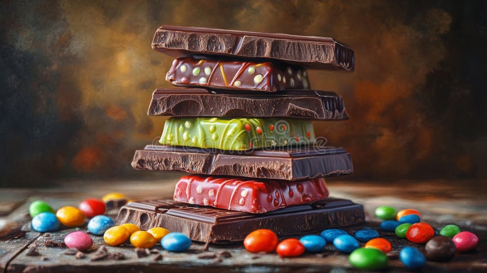 Stack of Assorted Chocolate Bars with Colorful Candies Stock ...
