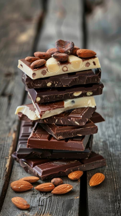Stack of Assorted Chocolate Bars with Nuts on Rustic Wooden Table Stock ...