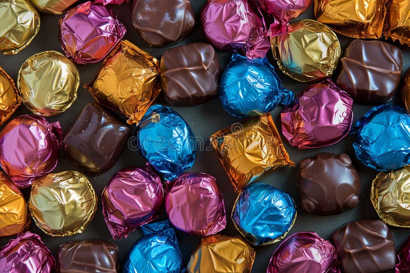 A Stack of Assorted Chocolate Candies in Vibrant Colors with Shiny ...