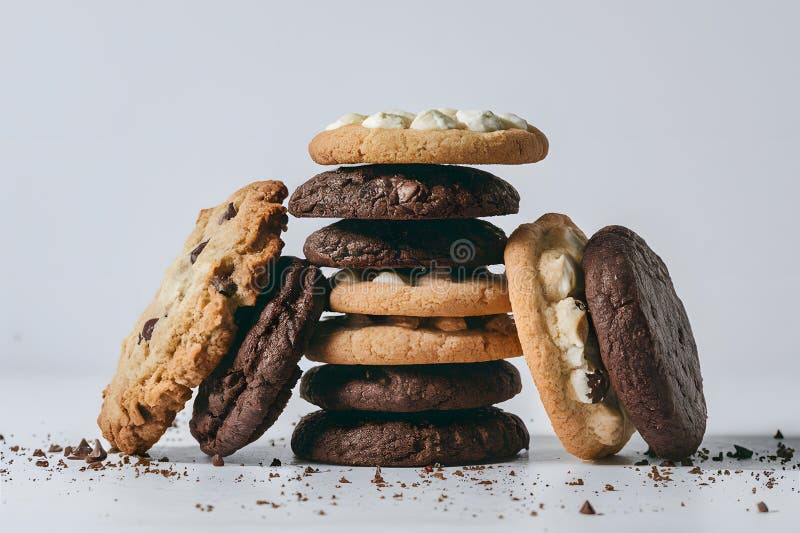 Stack of Assorted Cookies with Chocolate Chips, Crumbs on Plain White ...