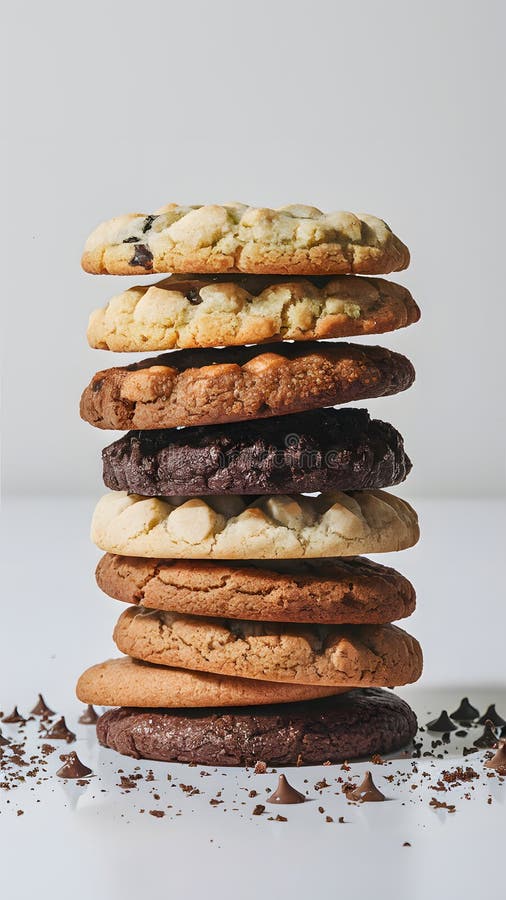 Stack of Assorted Cookies with Chocolate Chips, Crumbs on Plain White ...