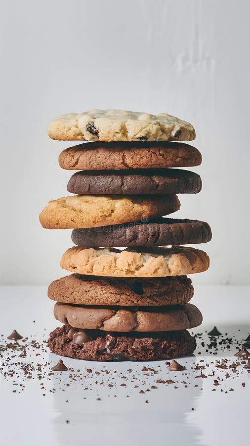 Stack of Assorted Cookies with Chocolate Chips, Crumbs on Plain White ...