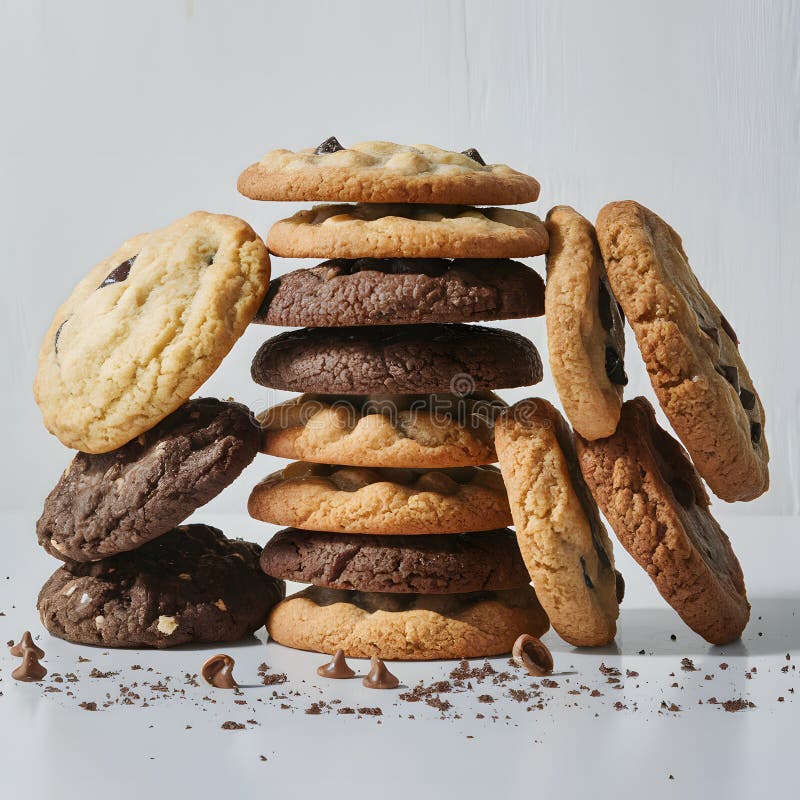 Stack of Assorted Cookies with Chocolate Chips, Crumbs on Plain White ...