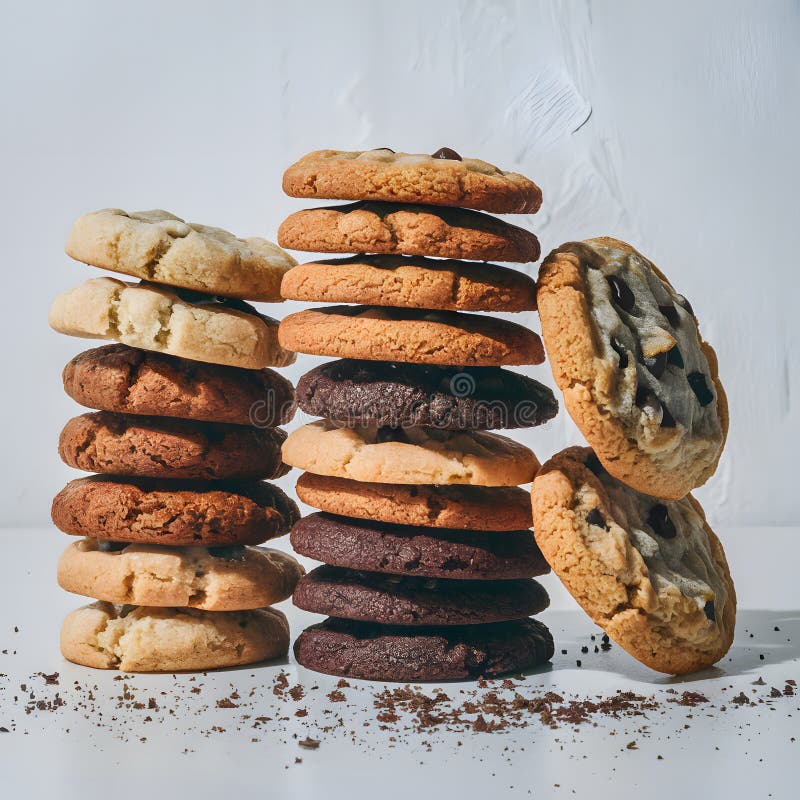 Stack of Assorted Cookies with Chocolate Chips, Crumbs on Plain White ...