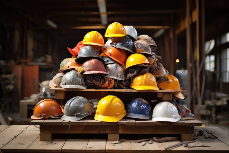 Stack of Assorted Work Helmets on a Factory Table Stock Photo - Image ...