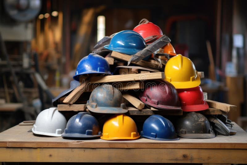 Stack of Assorted Work Helmets on a Factory Table Stock Photo - Image ...