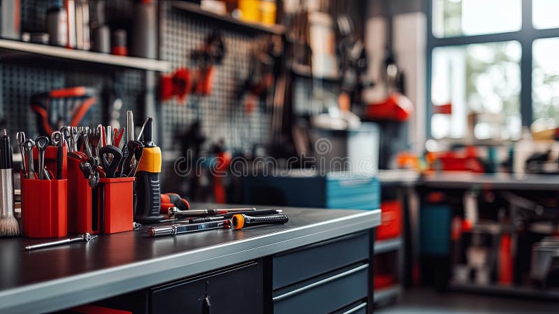 A Stack of Auto Repair Tools on a Sleek Workbench in a Well-organized ...