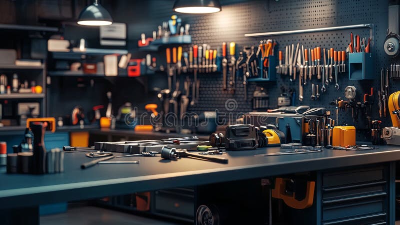 A Stack of Auto Repair Tools on a Sleek Workbench in a Well-organized ...