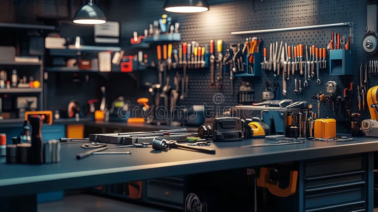 A Stack of Auto Repair Tools on a Sleek Workbench in a Well-organized ...