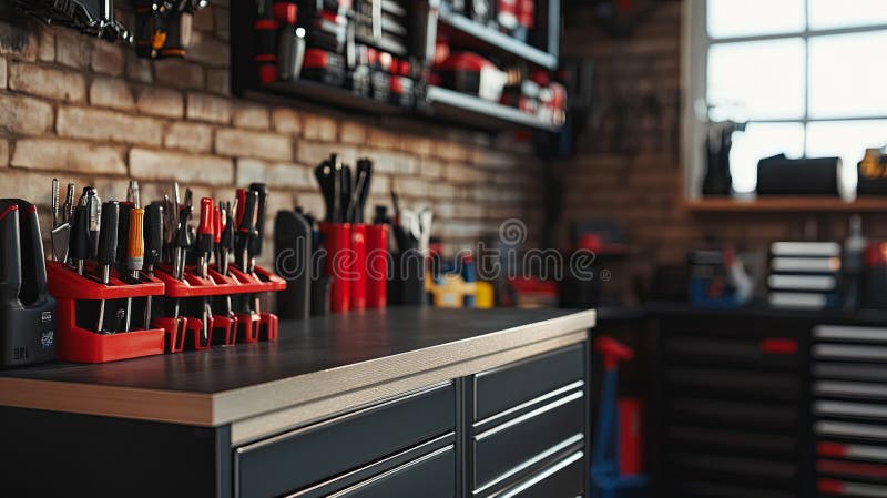 A Stack of Auto Repair Tools on a Sleek Workbench in a Well-organized ...
