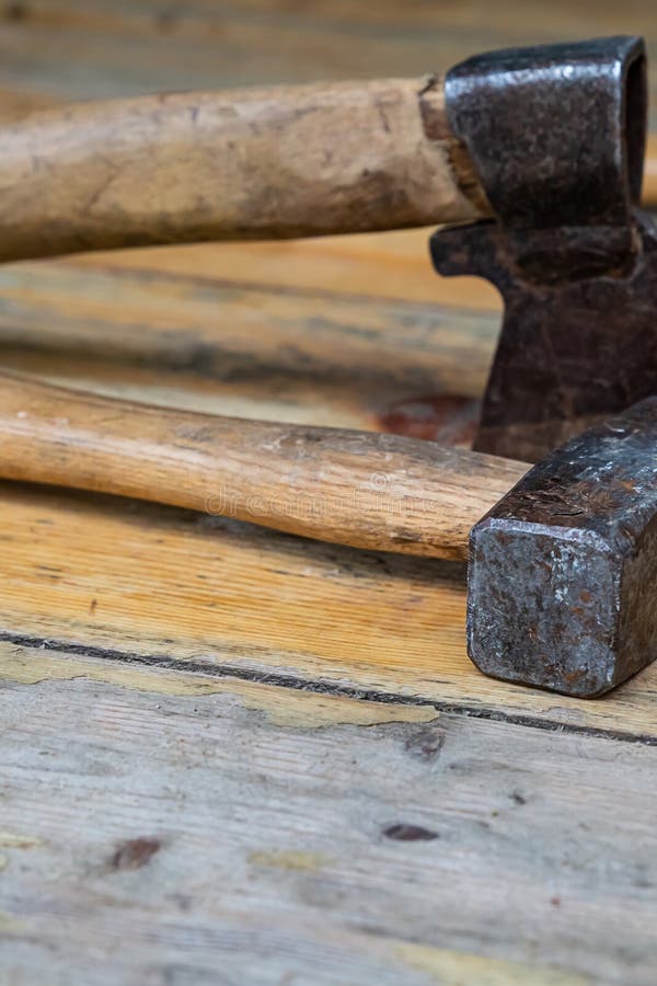 Stack Ax Hammer Closeup Black Work Tool Wooden Background Stock Image ...