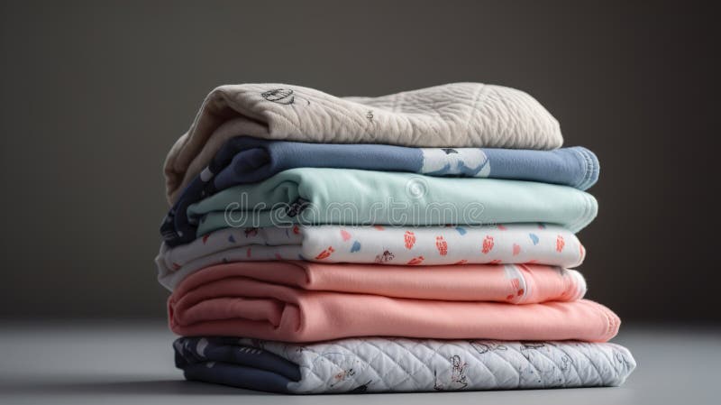 Stack of Baby Blankets and Bedspreads Folded Close-up on a Dark ...