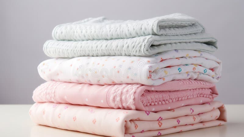 Stack of Baby Blankets and Bedspreads Folded Close-up on a Light ...