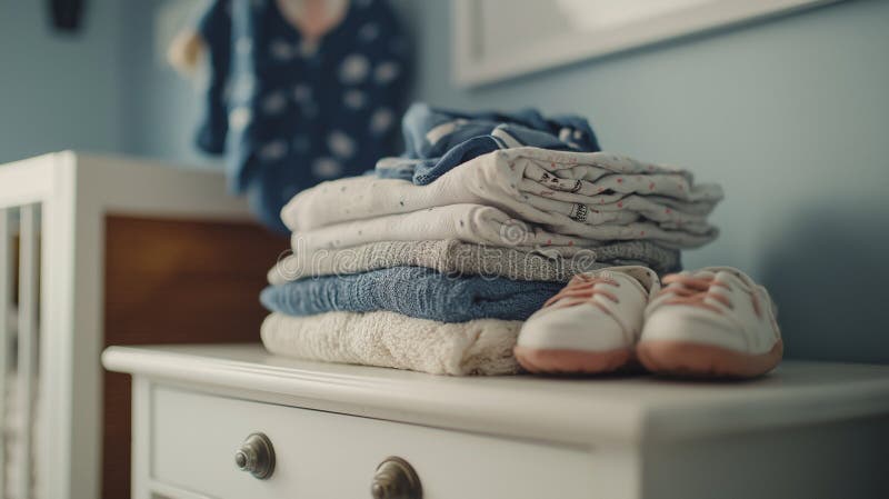 Stack of Baby Clothes, Tiny Shoes, and Soft Blankets on a Nursery ...